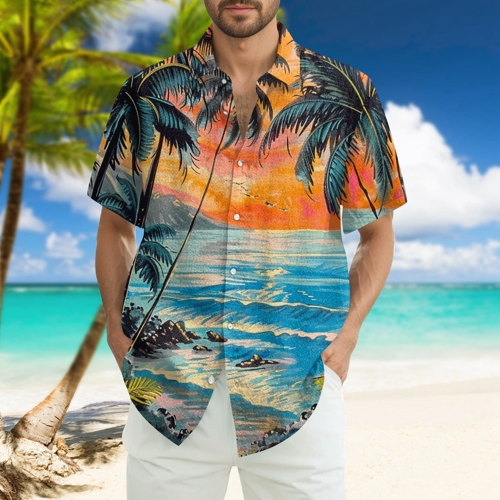 ENCCRWIN Men's Fashion Loose Fit Hawaiian Shirt, Short Sleeve ...