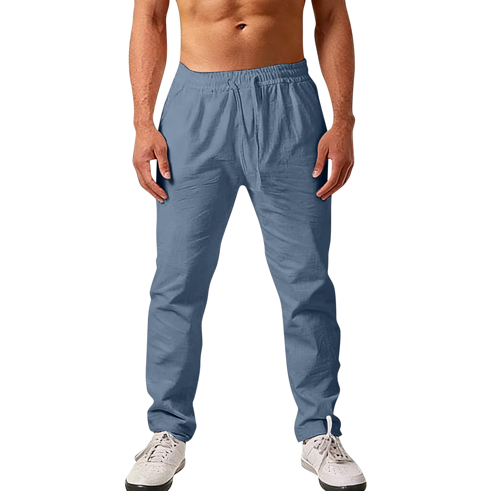 ENCCRWIN Men's Linen Drawstring Pants Casual Sports Straight Leg ...