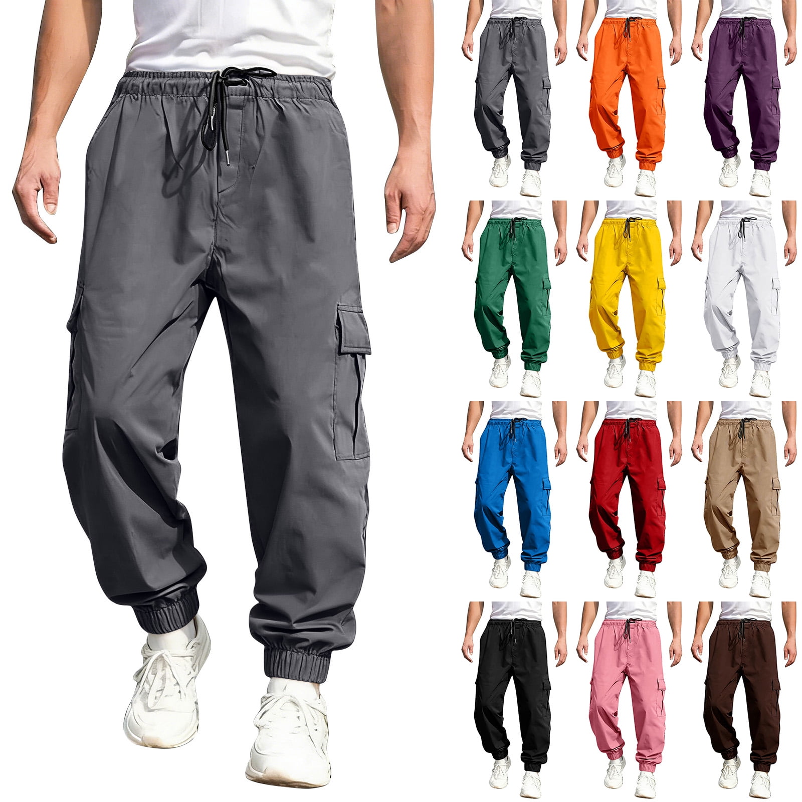 ENCCRWIN Men's Loose-Fit Cargo Pants with Multiple Pockets, Elastic ...