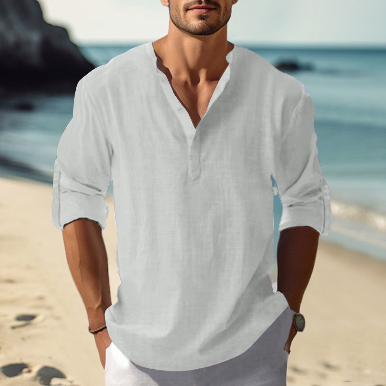 ENCCRWIN Men's Retro Casual Long Sleeve Shirt, Loose Fitting Breathable ...