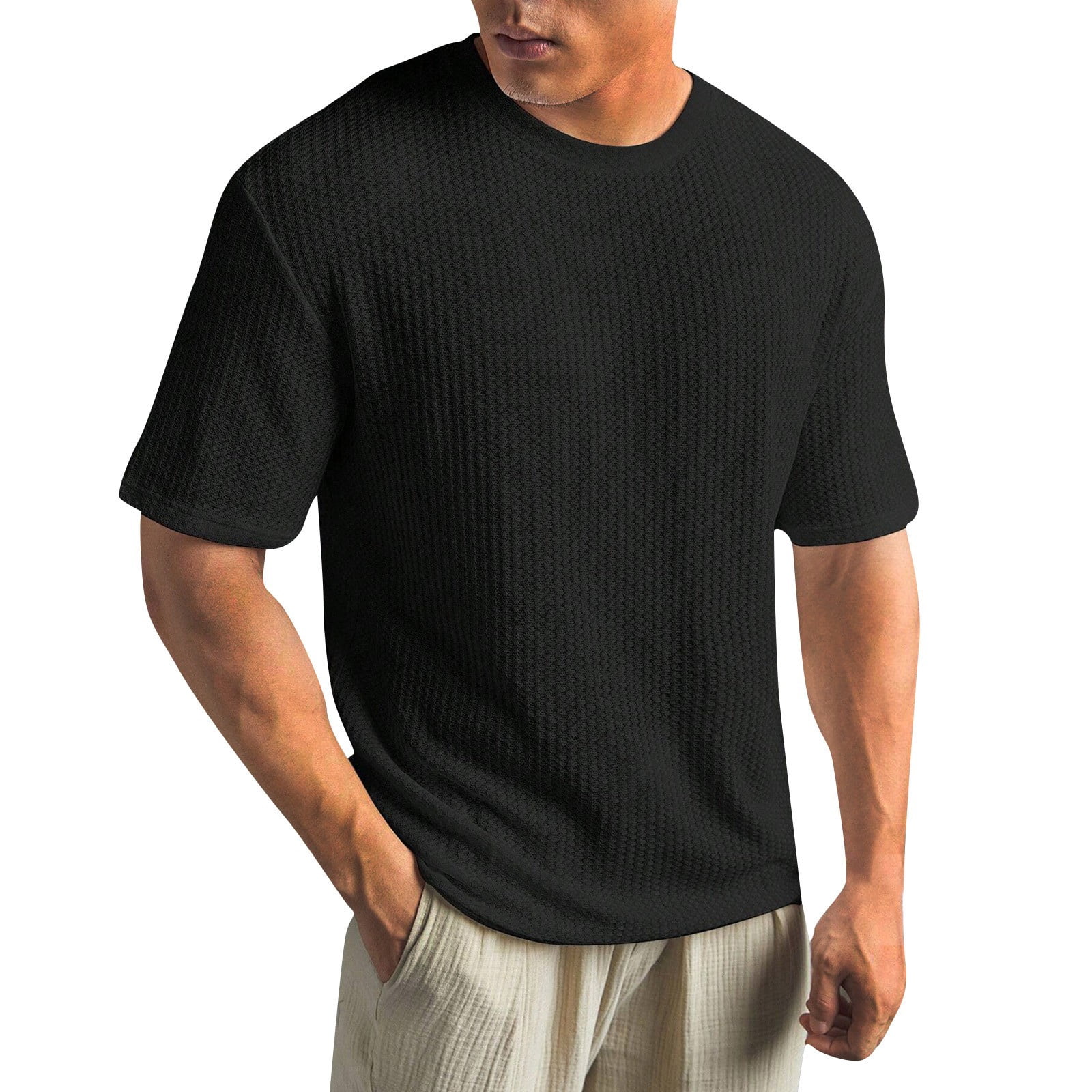 ENCCRWIN Men's Solid Color Waffle Knit Round Neck Short-Sleeve T-Shirt ...