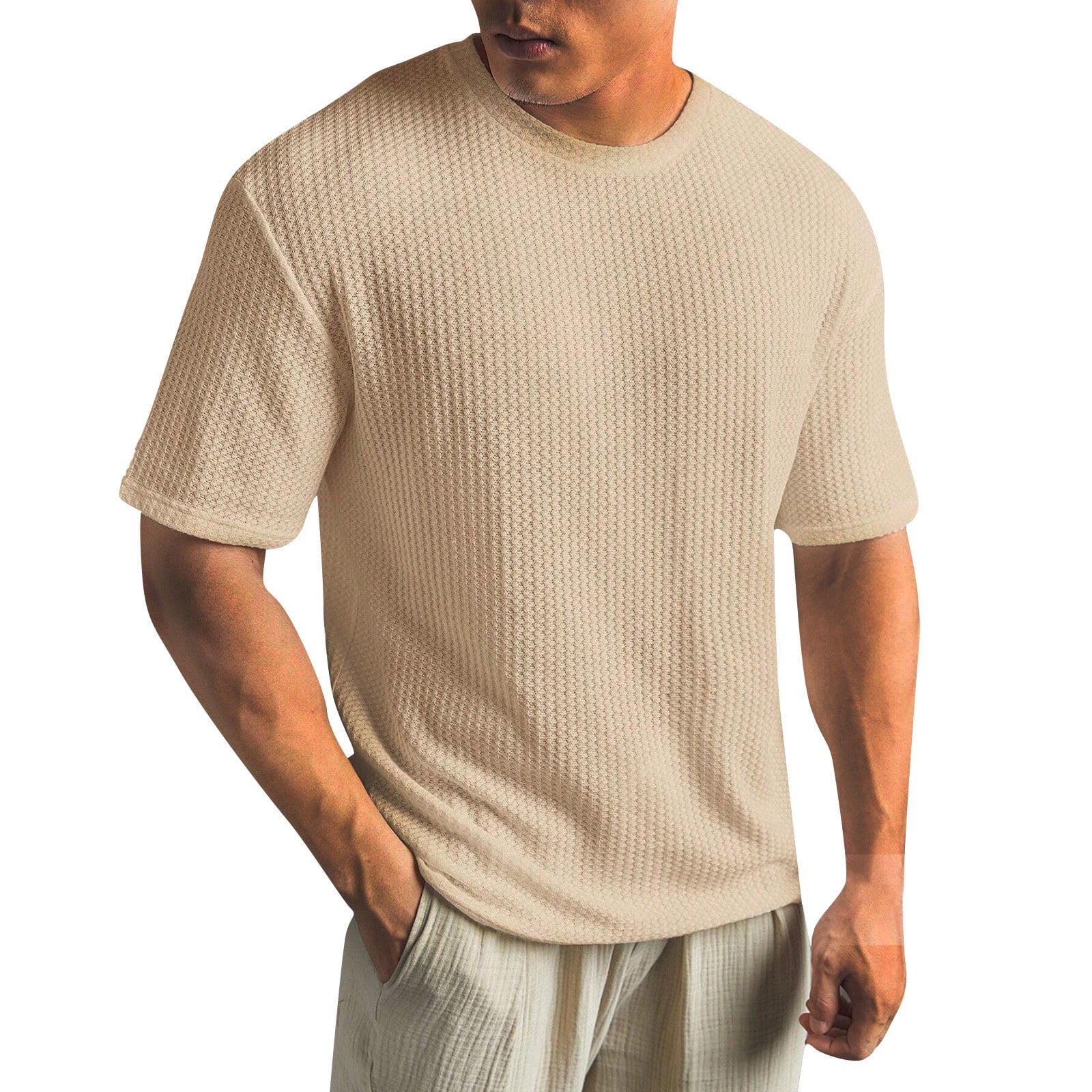 ENCCRWIN Men's Solid Color Waffle Knit Round Neck Short-Sleeve T-Shirt ...