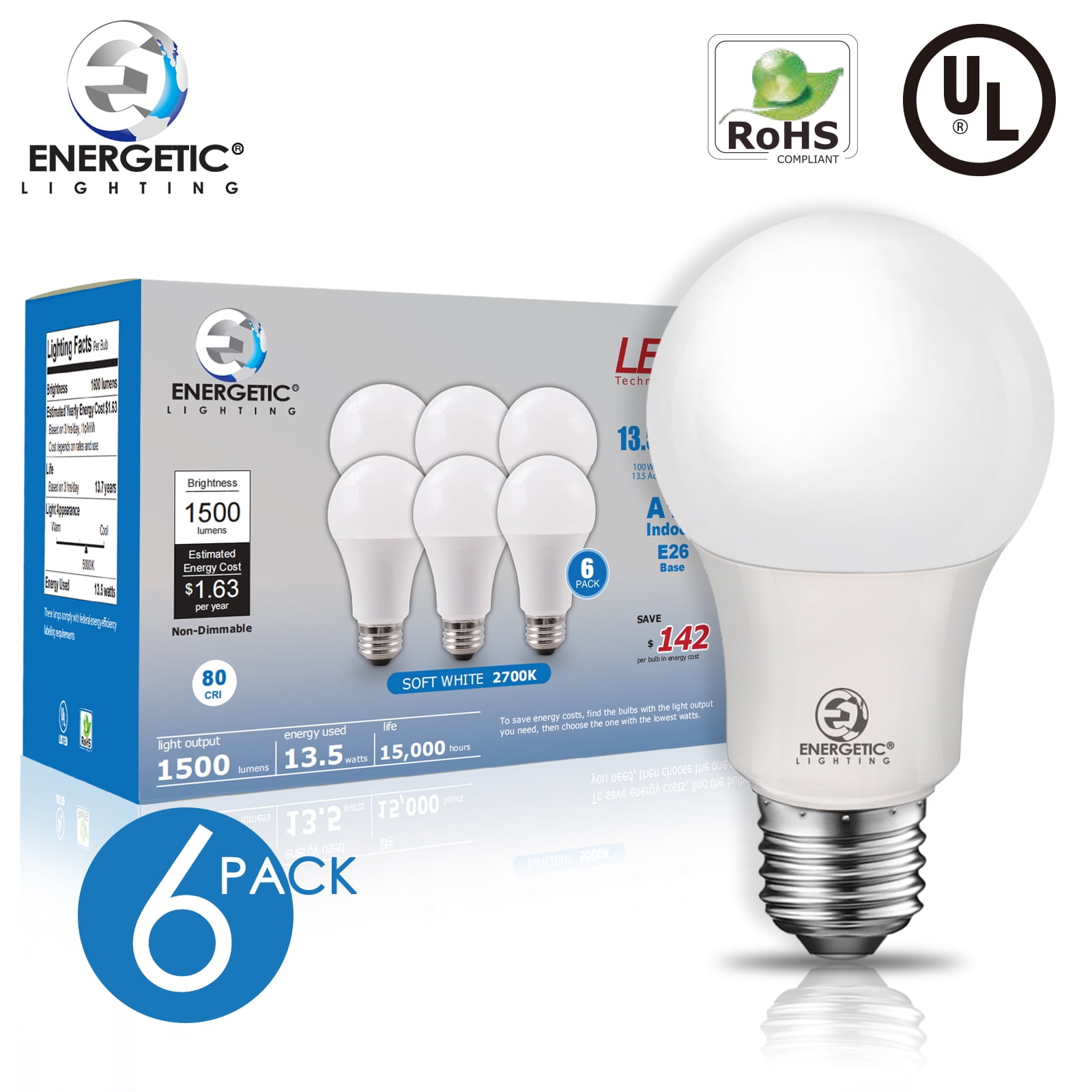 ENERGETIC A19 LED Light Bulb, 13.5 Watts(100W Equivalent), 1500 High ...