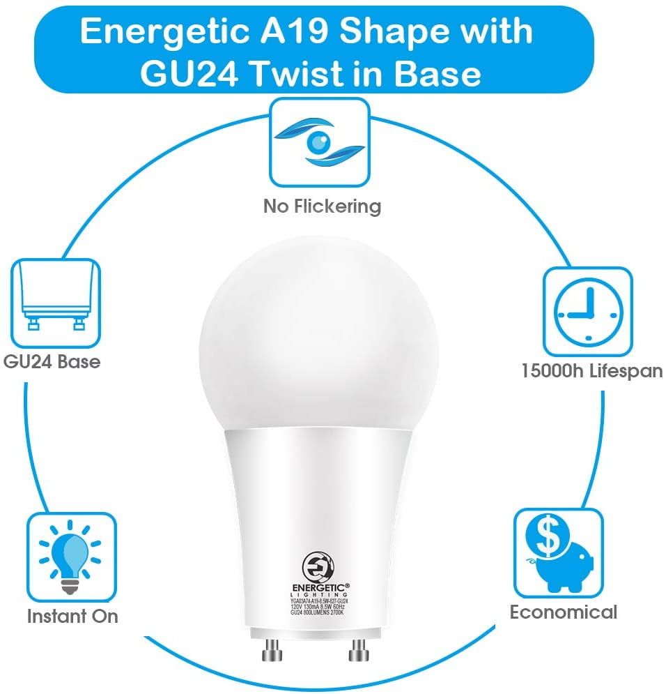 ENERGETIC LED GU24 Light Bulbs, A19 60 Watt Equivalent (8.5W), 2700K ...