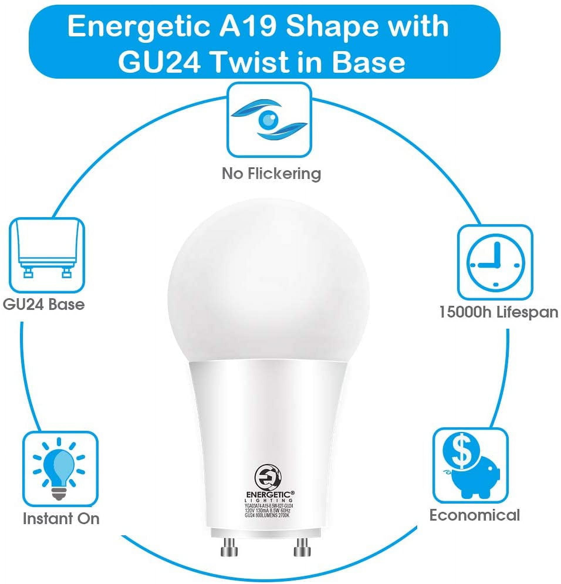 ENERGETIC LED GU24 Light Bulbs, A19 60 Watt Equivalent (8.5W), 4000K ...