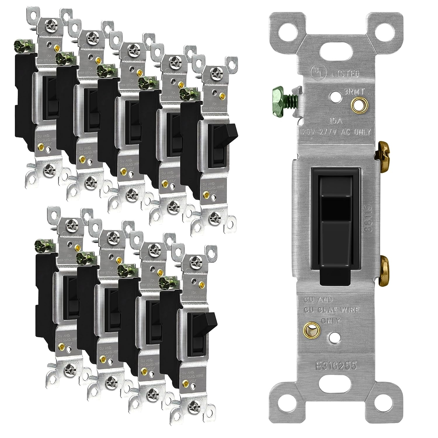 ENERLITES 88115-BK-10PCS Toggle Light Switch, Single Pole, 15A 120-277V ...