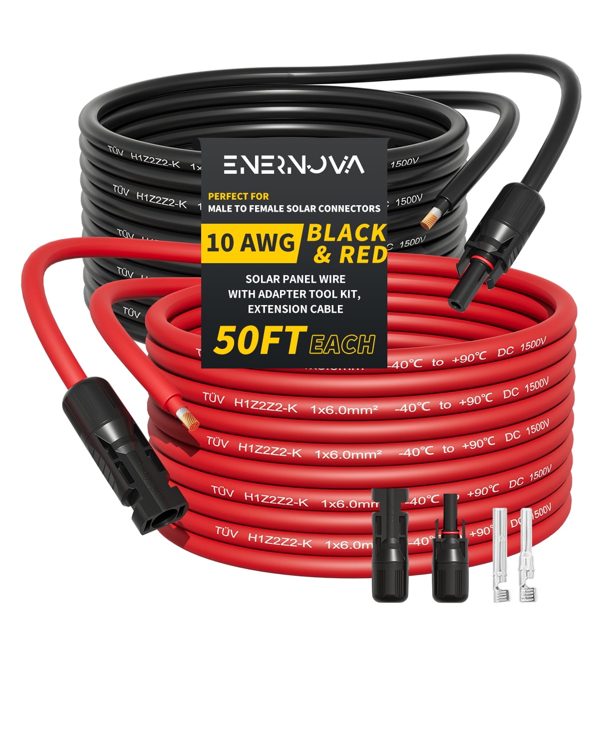 ENERNOVA 10AWG 50FT Solar Extension Cable (50Feet Black + 50Feet Red ...