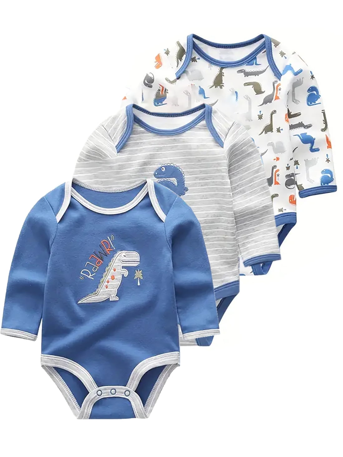 ENFLASH 3-Pack 100% Cotton 0-12M Baby Boys Dinosaur Long Sleeve Romper ...