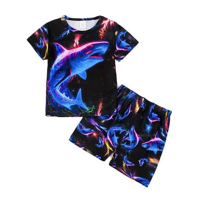 ENFLASH 3D Printed Boys Summer Pajamas Set Kids PJs Tee and Shorts Jammies Set 3-12Y - Shark ...