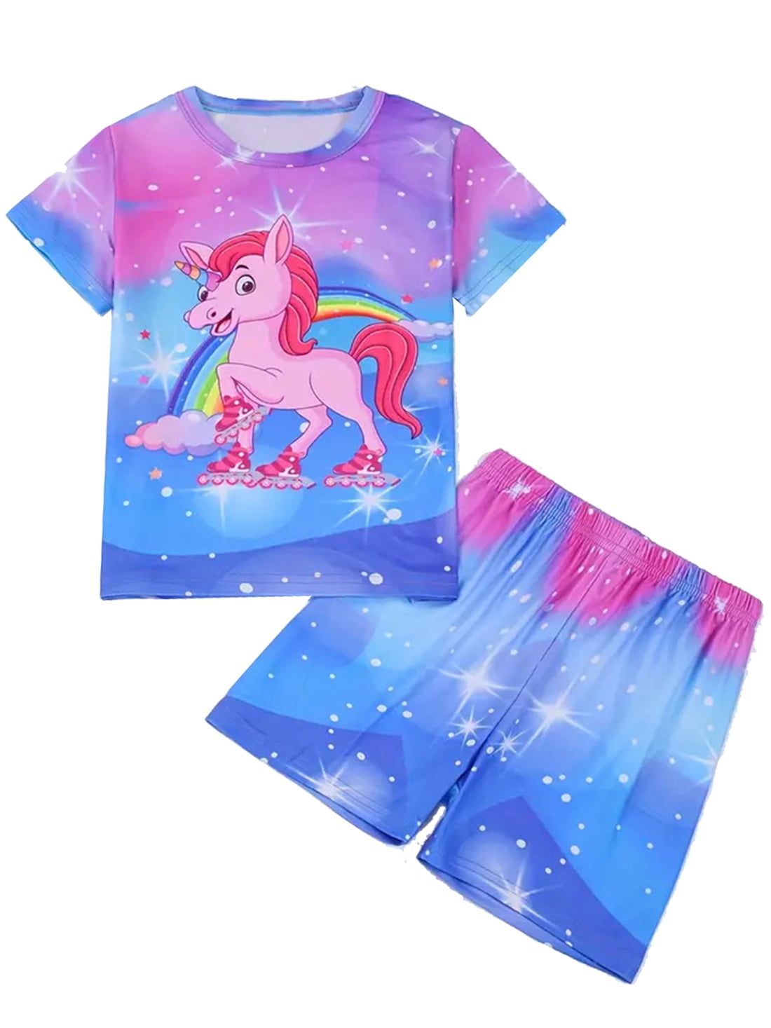 ENFLASH 3D Printed Girls Summer Pajamas Set Kids PJs Tee and Shorts Jammies Set 3-12Y - Unicorn ...