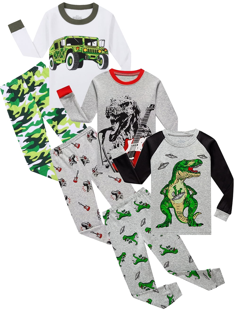 ENFLASH Boys' Long Sleeve Top and Pants Snug Fit 100% Cotton 2 Piece Pajama Set-Space Dinosaur ...