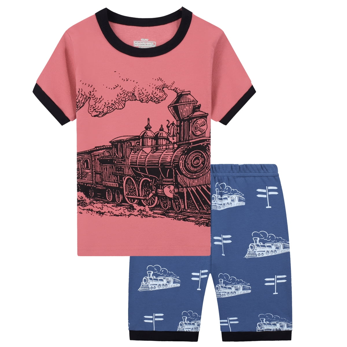 ENFLASH Boys' Short Sleeve Top and Shorts 2 Piece Pajama Set 100% Cotton Monster Train Sleepwear ...