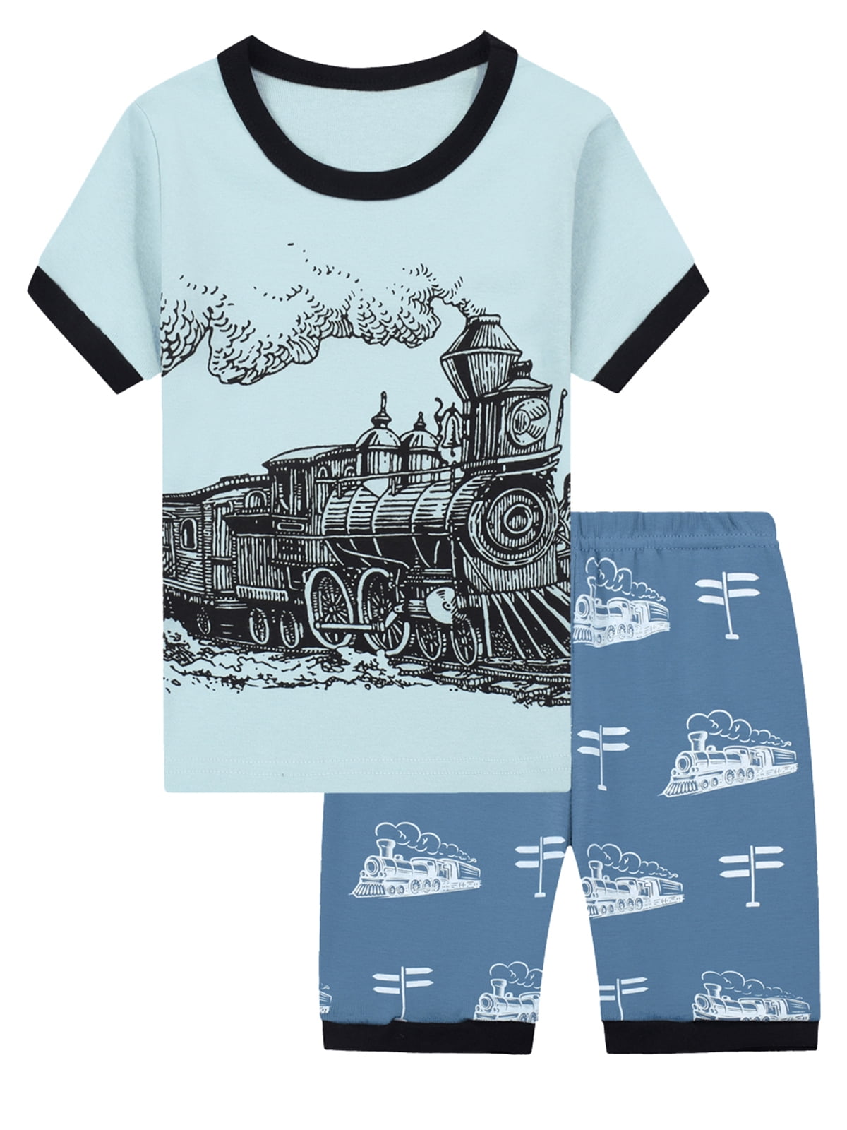ENFLASH Boys' Short Sleeve Top and Shorts 2 Piece Pajama Set 100% Cotton Monster Train Sleepwear ...