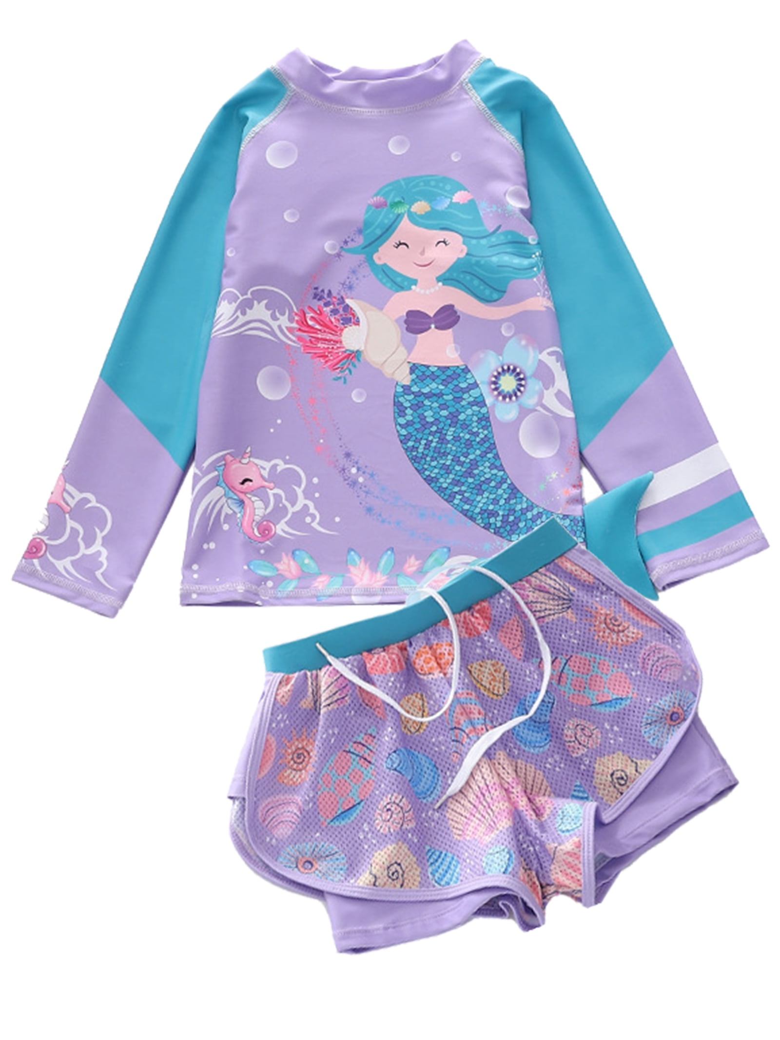 ENFLASH Girls Rash Guard Two Pieces Mermaid Swimsuit Long Sleeve ...