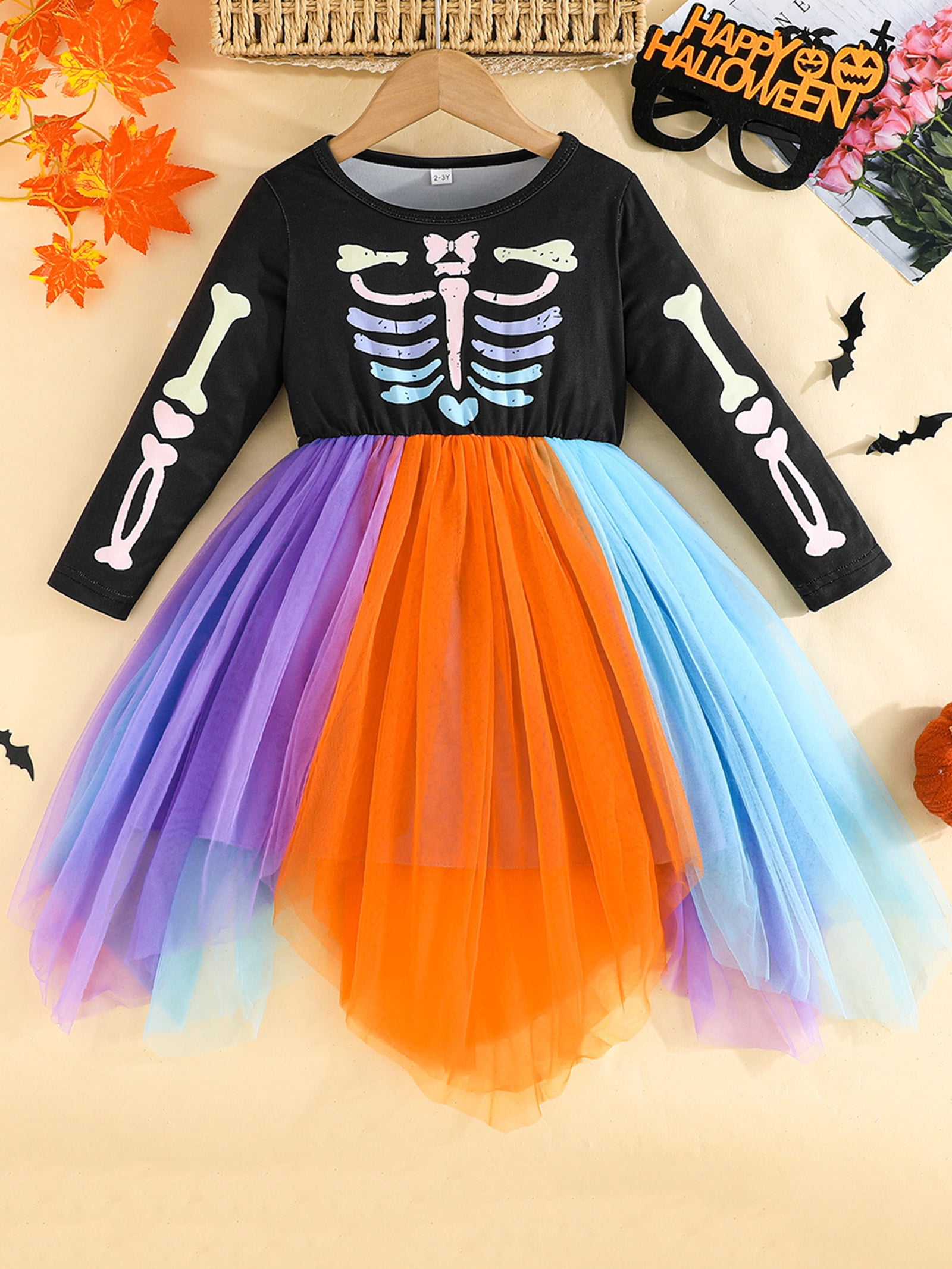 ENFLASH Kids Halloween Skull Printed Dress Girls Long Sleeve Tulle Tutu ...