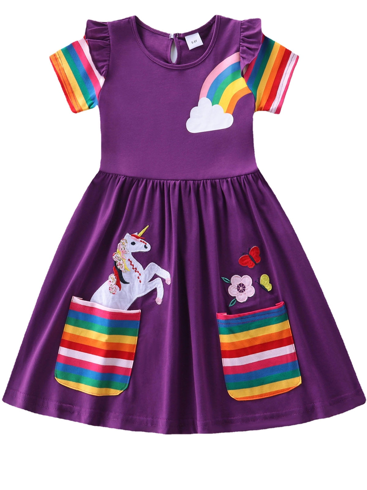 WIBACKER Little Girls Summer Cotton Rainbow Unicorn Casual Dress Kids ...