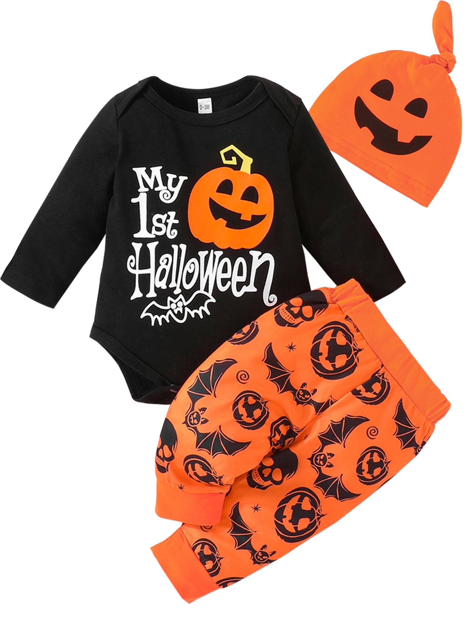 ENFLASH My First Halloween Baby Boy Outfit Newborn Long Sleeve Romper Pants Hat Baby Pumpkin ...