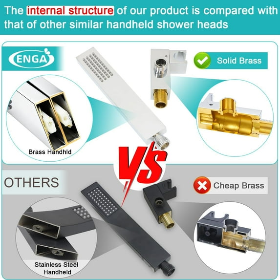 ENGA Square Solid Brass Hand Held Wand Shower Head with Wall Connector ...