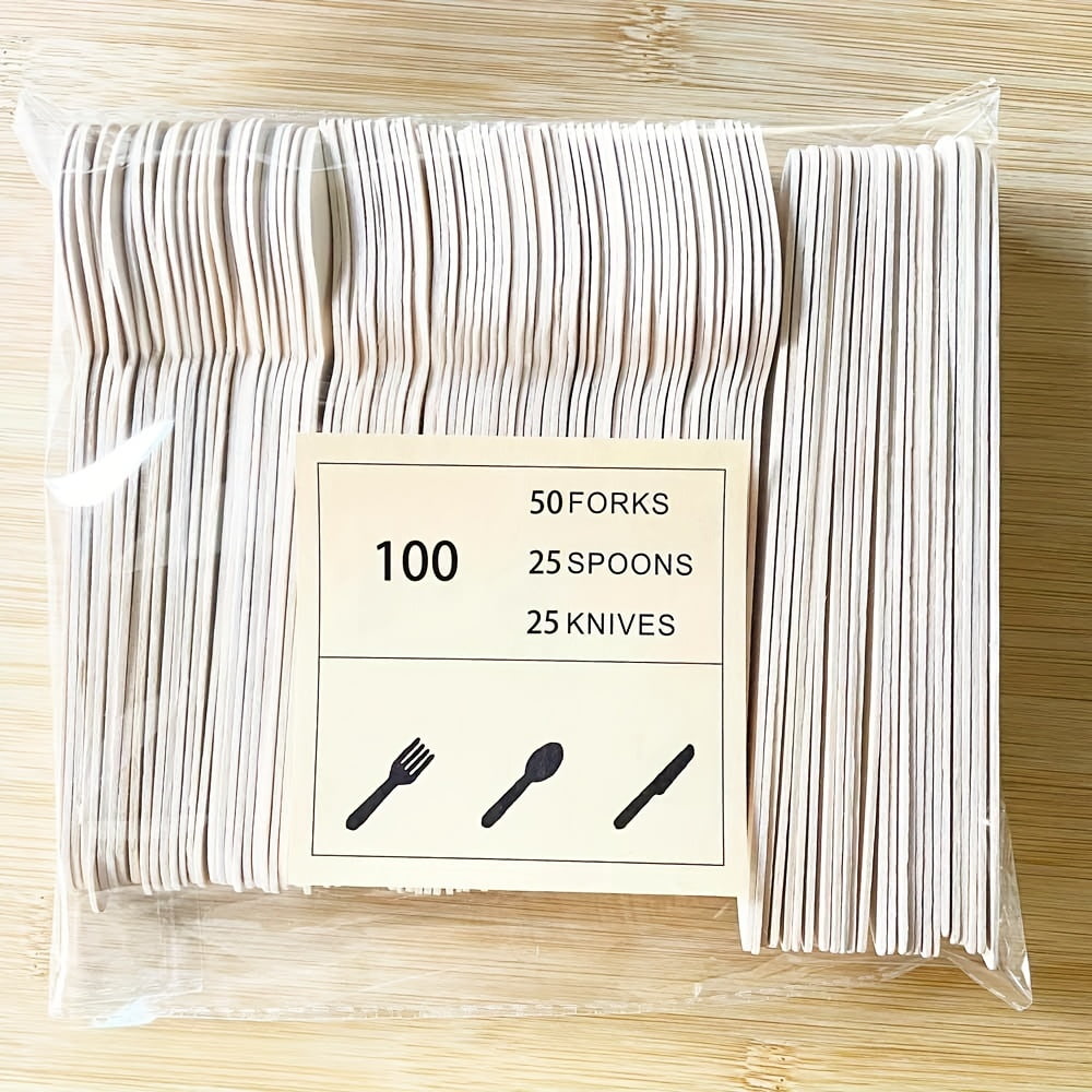 ENIYUU 100pcs Wooden Cutlery Set Wooden Disposable Cutlery Kit Of 50 ...