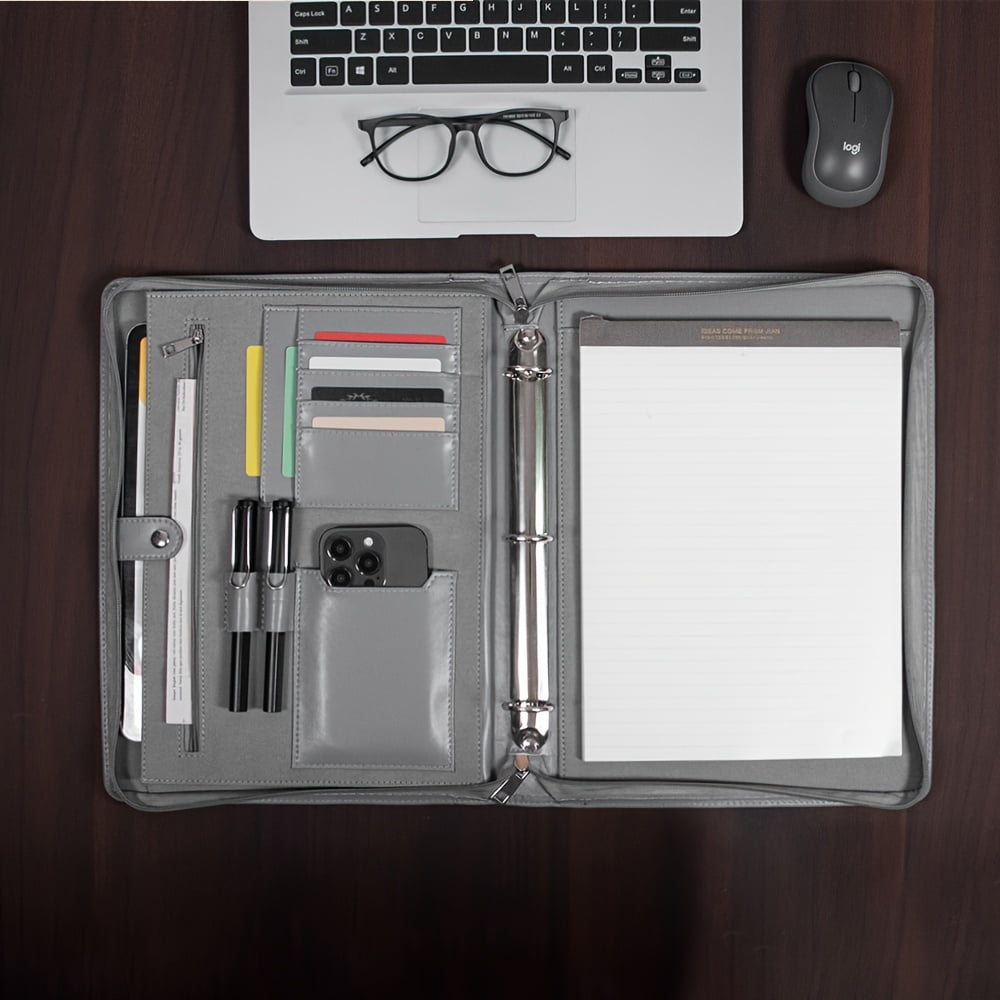 ENIYUU 1pc 13in Elegant A4 Grey Vegan Leather Portfolio 3 Ring Binder ...