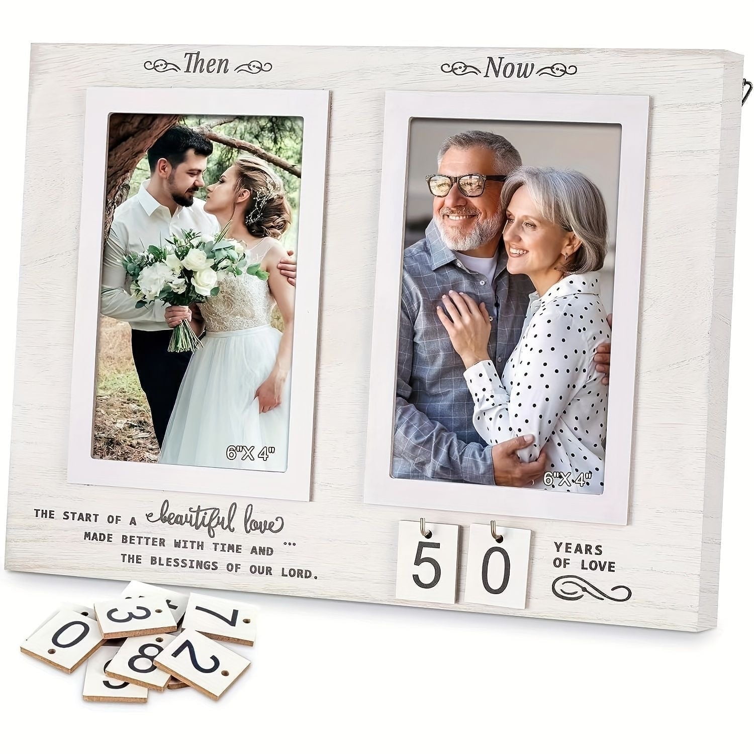 ENIYUU 1pc Rustic Wooden Anniversary Photo Frame ”Then & Now” 11.8x8 ...