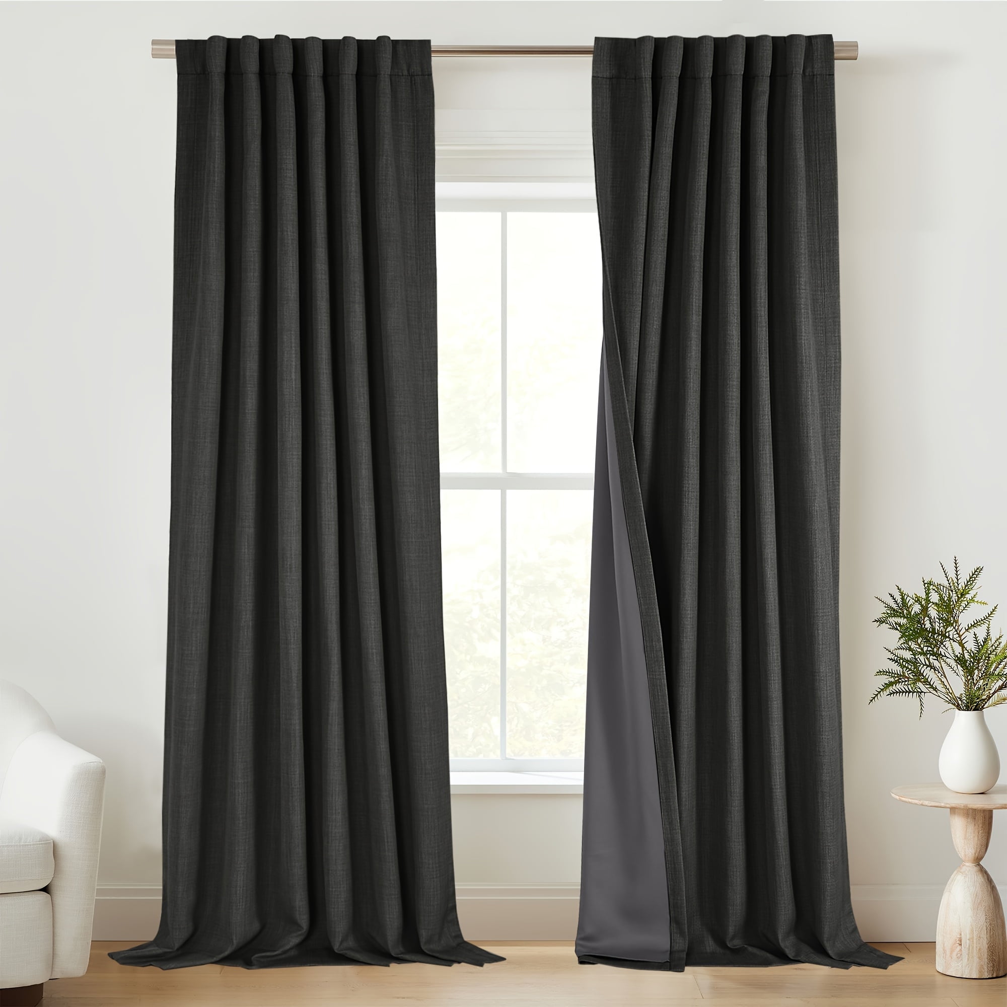 ENIYUU 2 Panels Two-Layer Linen Curtains -100% Blackout Thermal ...