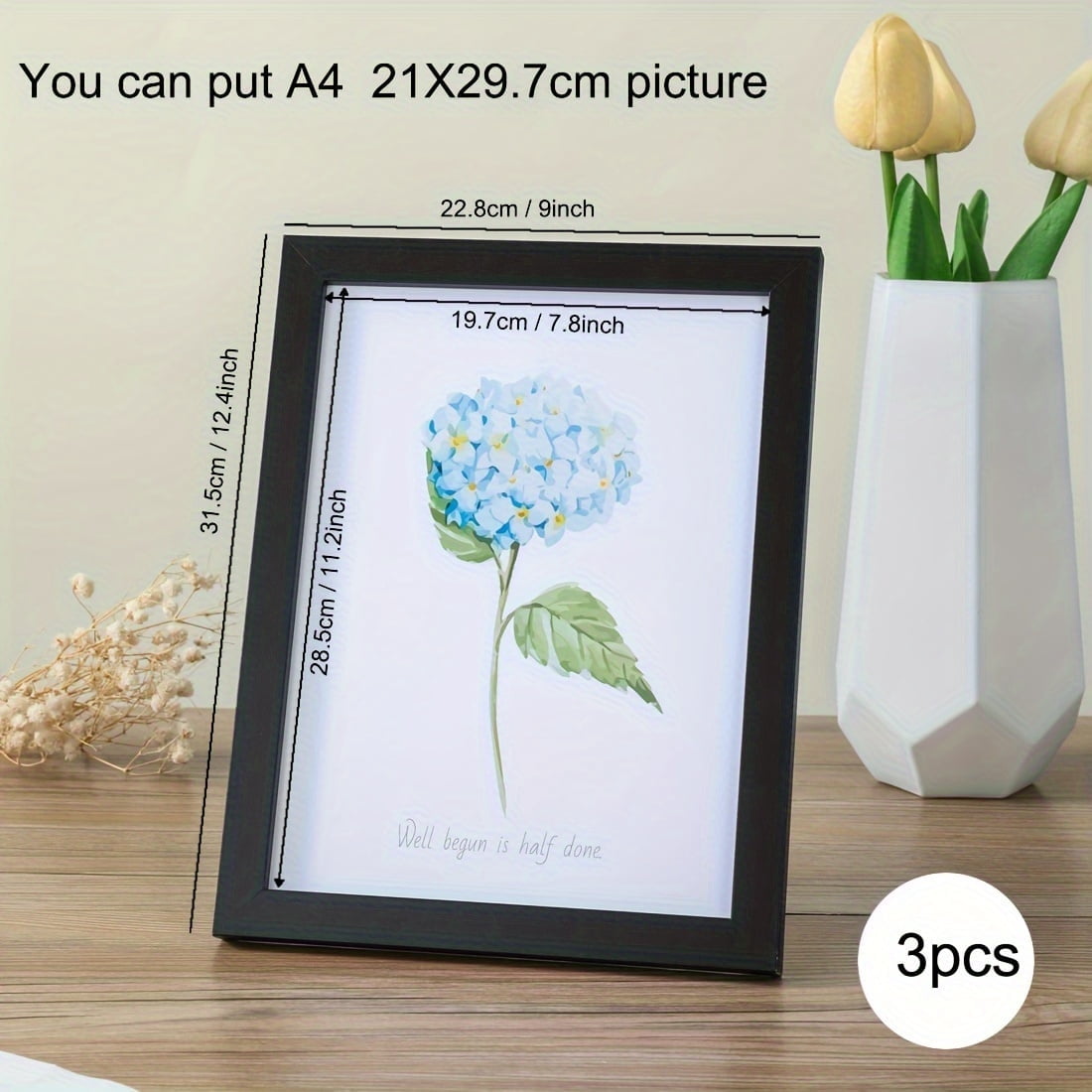 ENIYUU 3pcs/Set Large Wooden Oblong Photo Frames - Classic Flowers ...