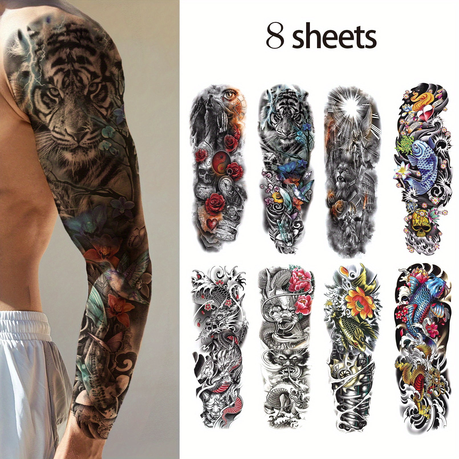 ENIYUU 8 Sheets Full Arm Temporary Tattoo Fake Tattoo Stickers Long ...