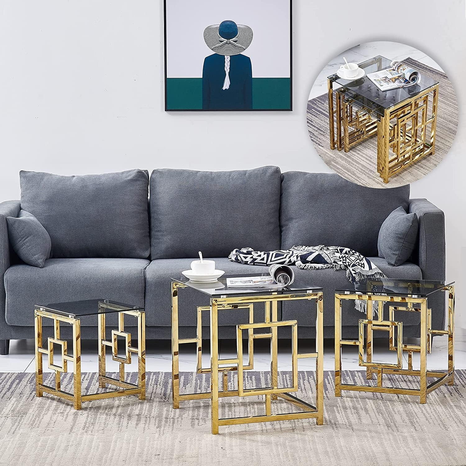 ENJAOUSLF Set of 3 Nesting Coffee Tables Gold Stainless Steel Blue Grey ...