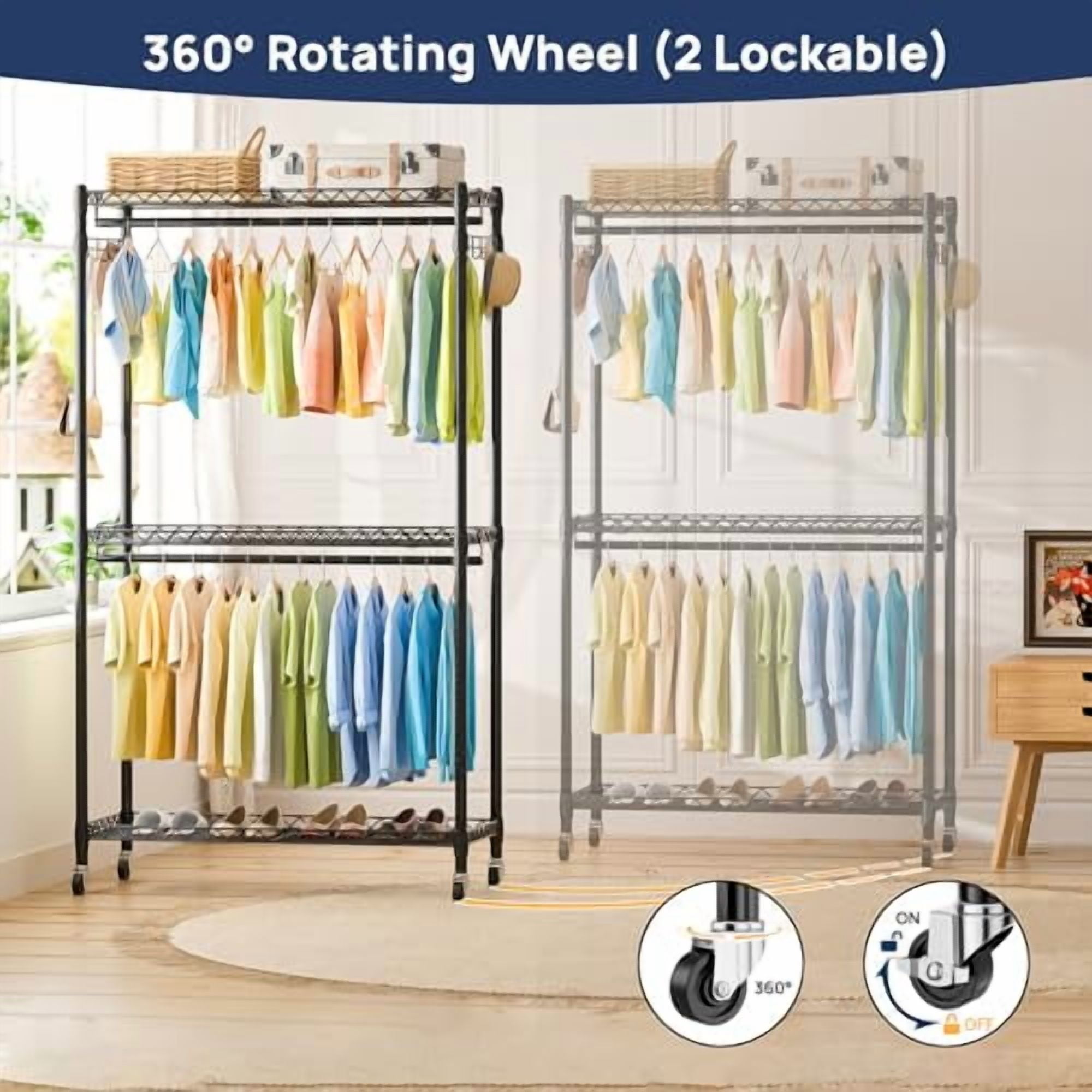 ENJOYBASICS Heavy Duty Metal Clothes Rack with Lockable Wheels, 3-Tier ...