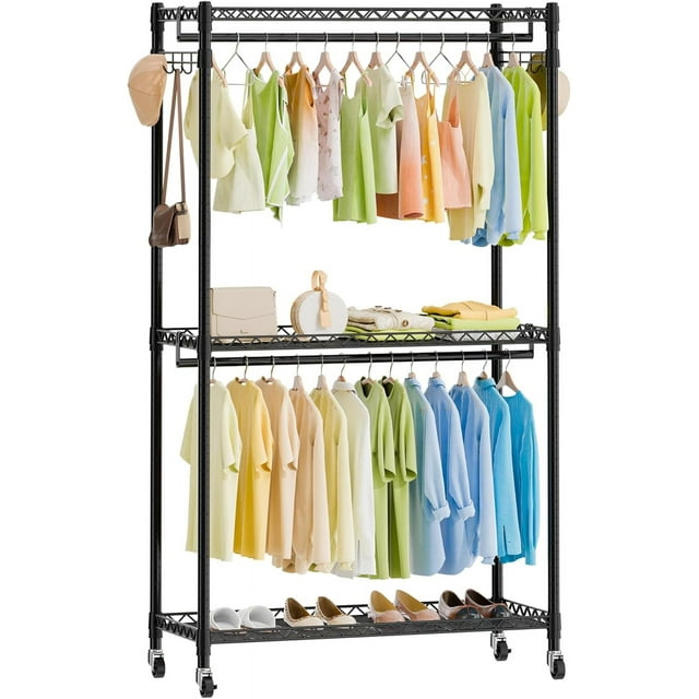ENJOYBASICS Heavy Duty Metal Garment Rack, 3 Tires Rolling Clothes Rack ...