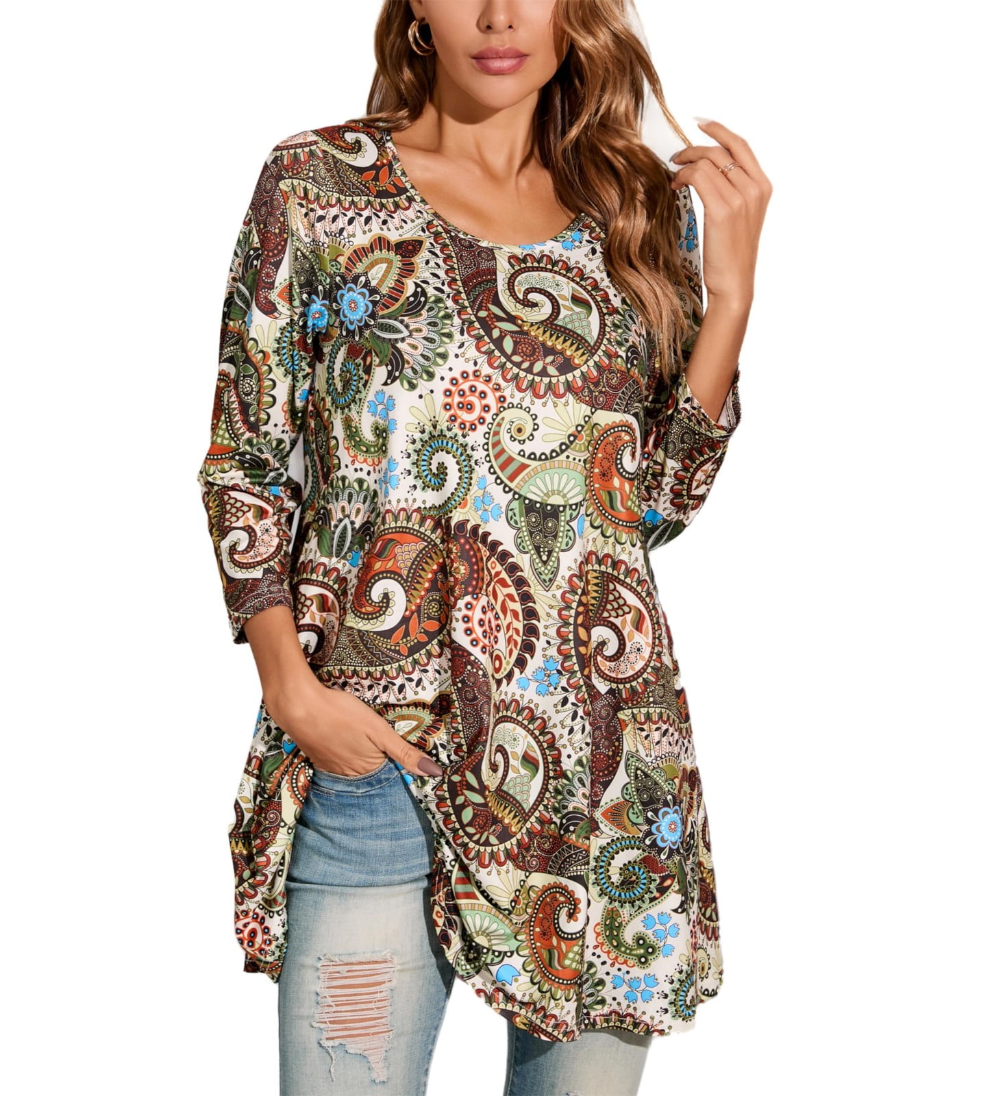 ENMAIN 3/4 Length Sleeve Women's Tunics Tops Plus Size Dressy Casual ...