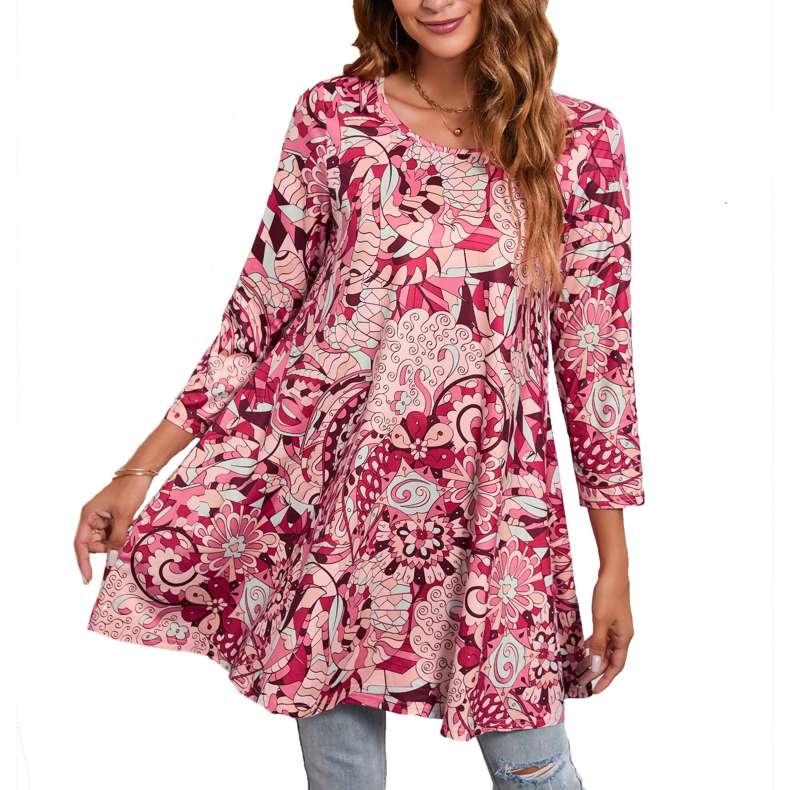 ENMAIN 3/4 Sleeves Plus Size Tunic Tops for Women Pink Paisley Printed ...