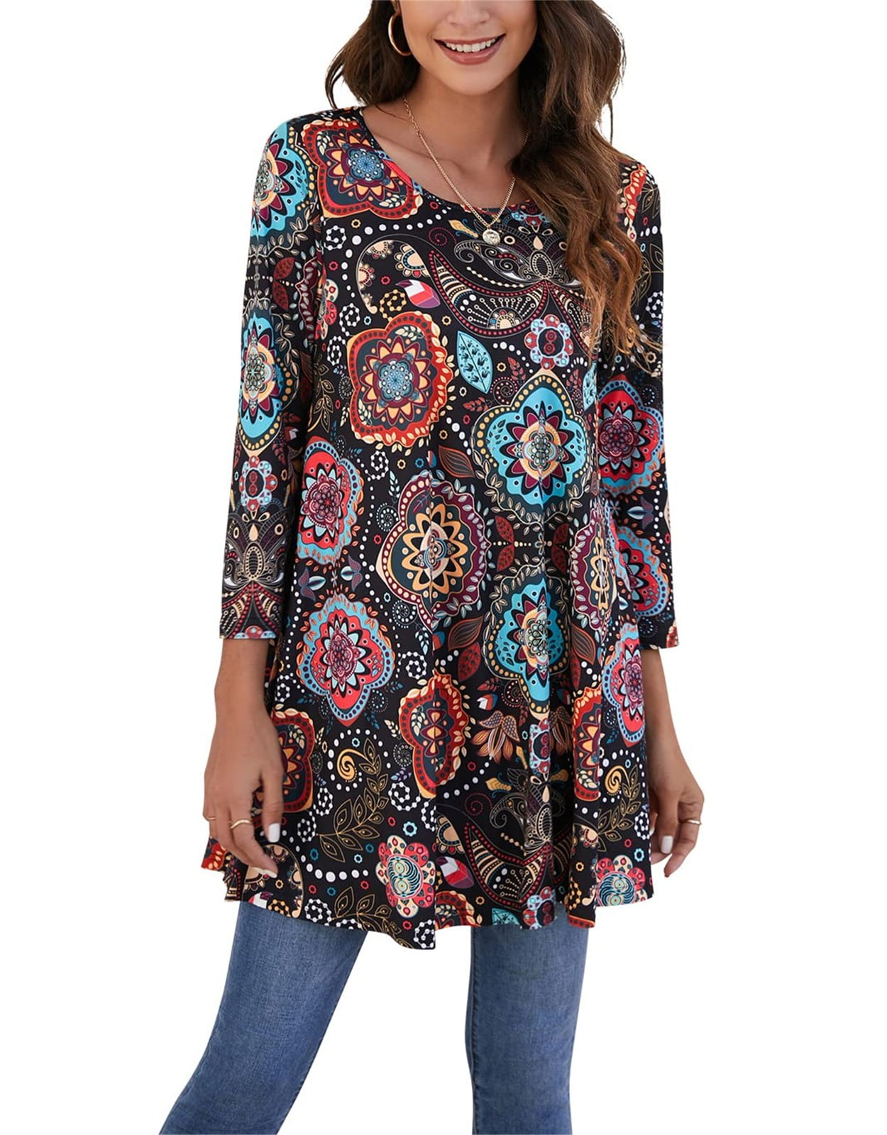 ENMAIN 3/4 Sleeves Tunic Tops for Women Round Neck Shirt Floral Printed ...