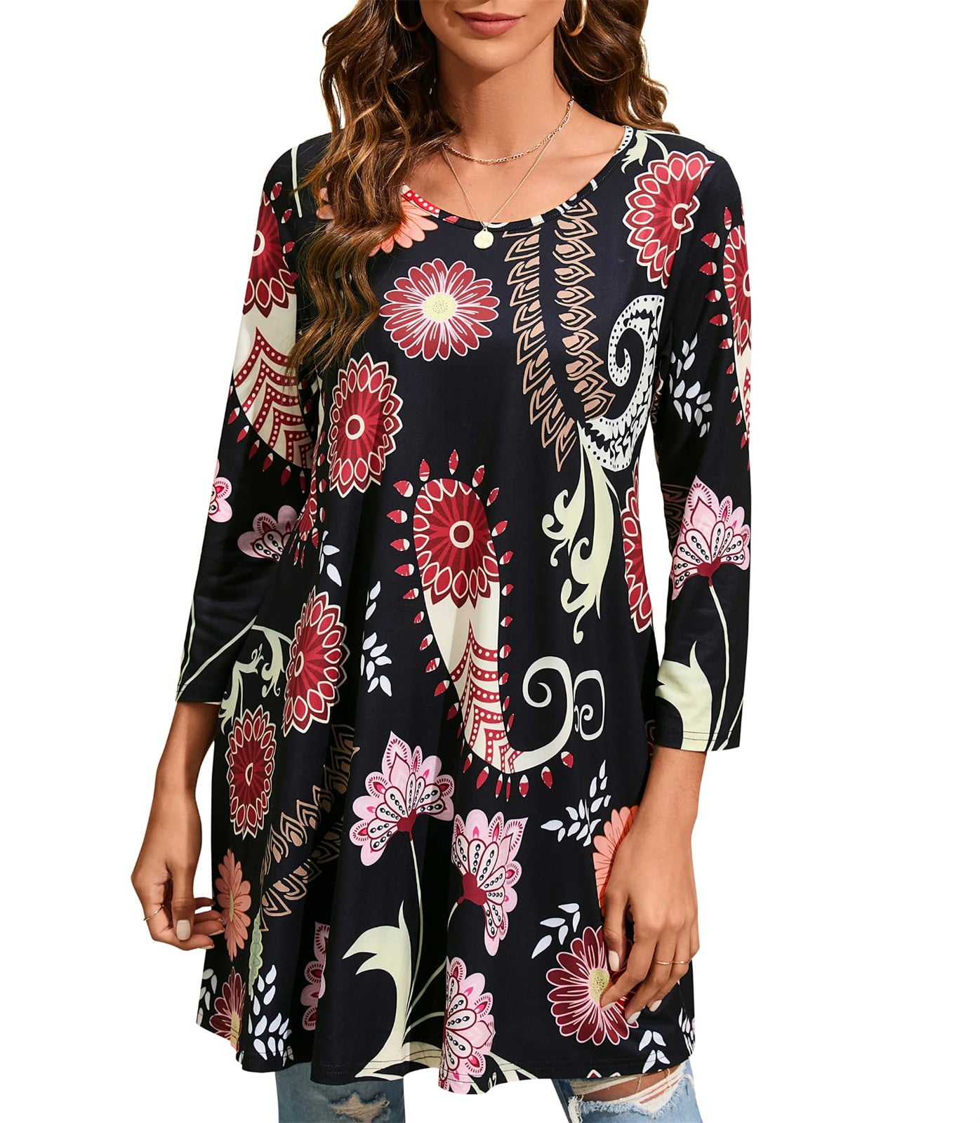 ENMAIN Women's Plus Size Tops 3/4 Sleeve Shirts Black Floral Blouses ...