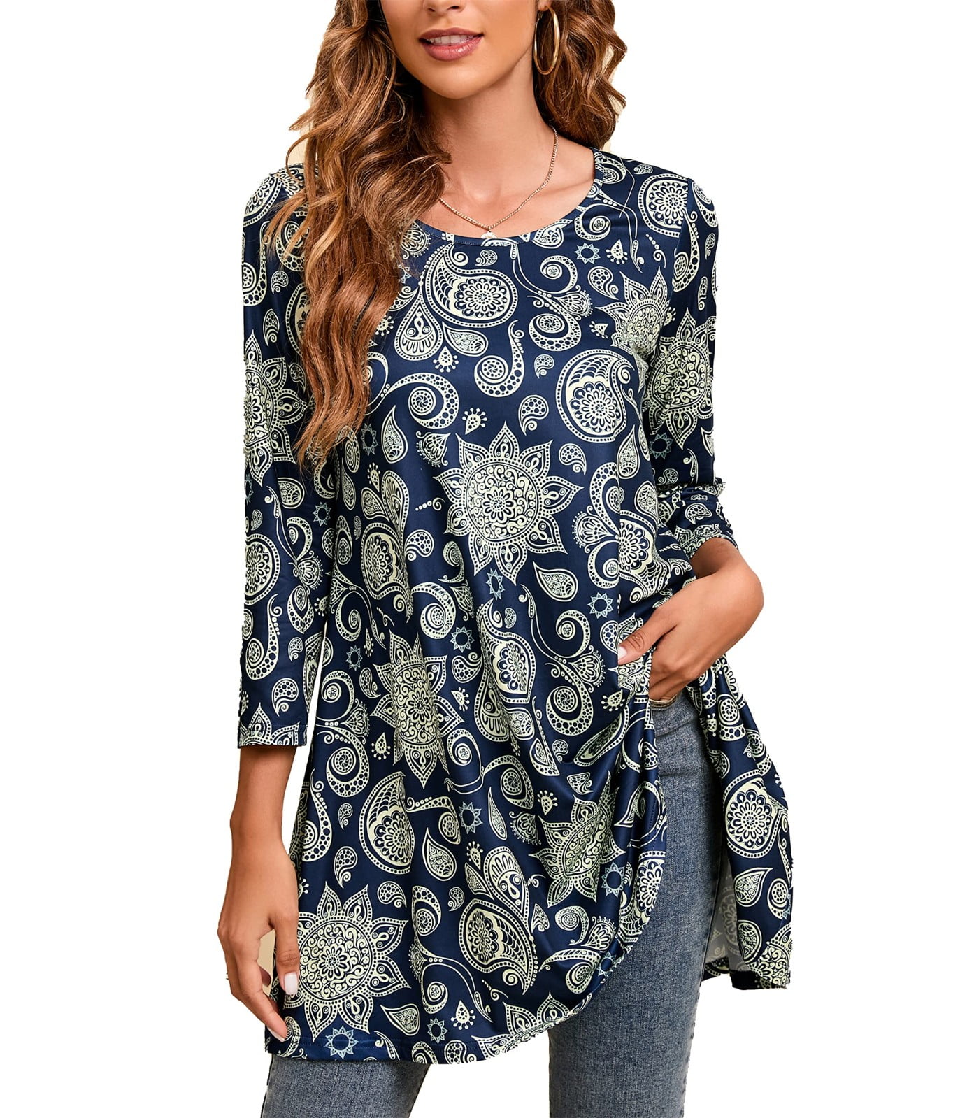 ENMAIN Womens Tops Dressy Casual 3/4 Length Sleeve Shirts Navy Floral ...