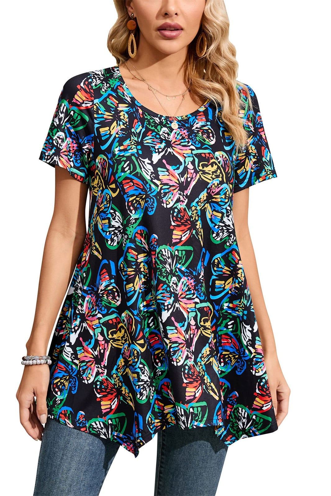 ENMAIN Summer Tunic Tops for Women Short Sleeve Shirts Casual Plus Size ...