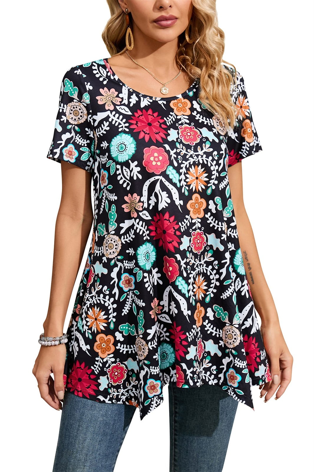 ENMAIN Summer Tunics for Women Plus Size Short Sleeve Tops Casual Swing ...