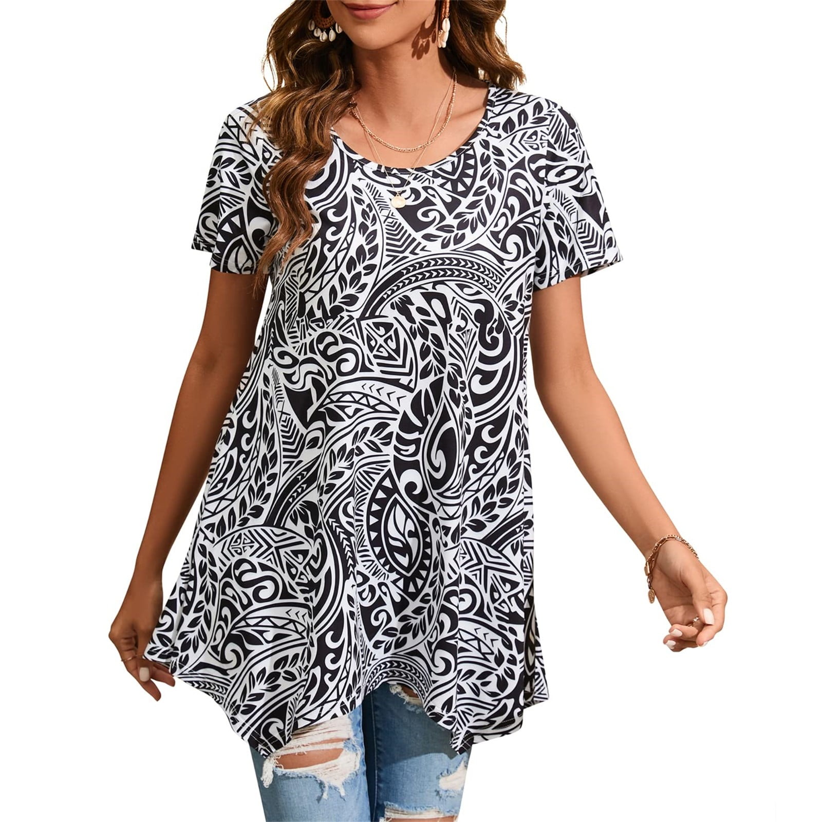 ENMAIN Tunic for Women Summer T Shirts Casual Short Sleeve Tunics Tops ...