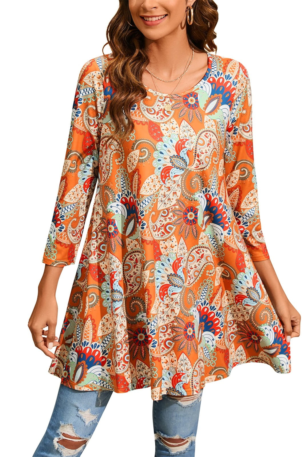 ENMAIN Women 3/4 Sleeve Tunic Tops Plus Size Shirts Orange Paisley ...