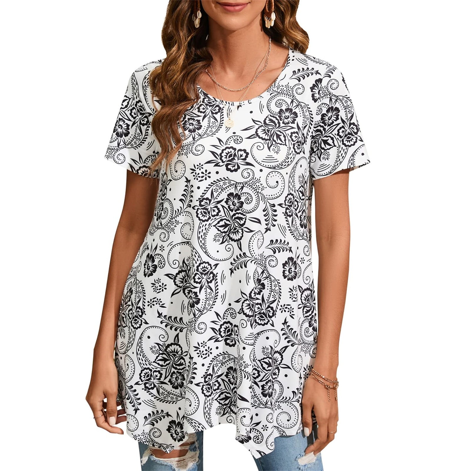 ENMAIN Women Floral Tops Short Sleeve Plus Size Blouses Tunic Tops to ...