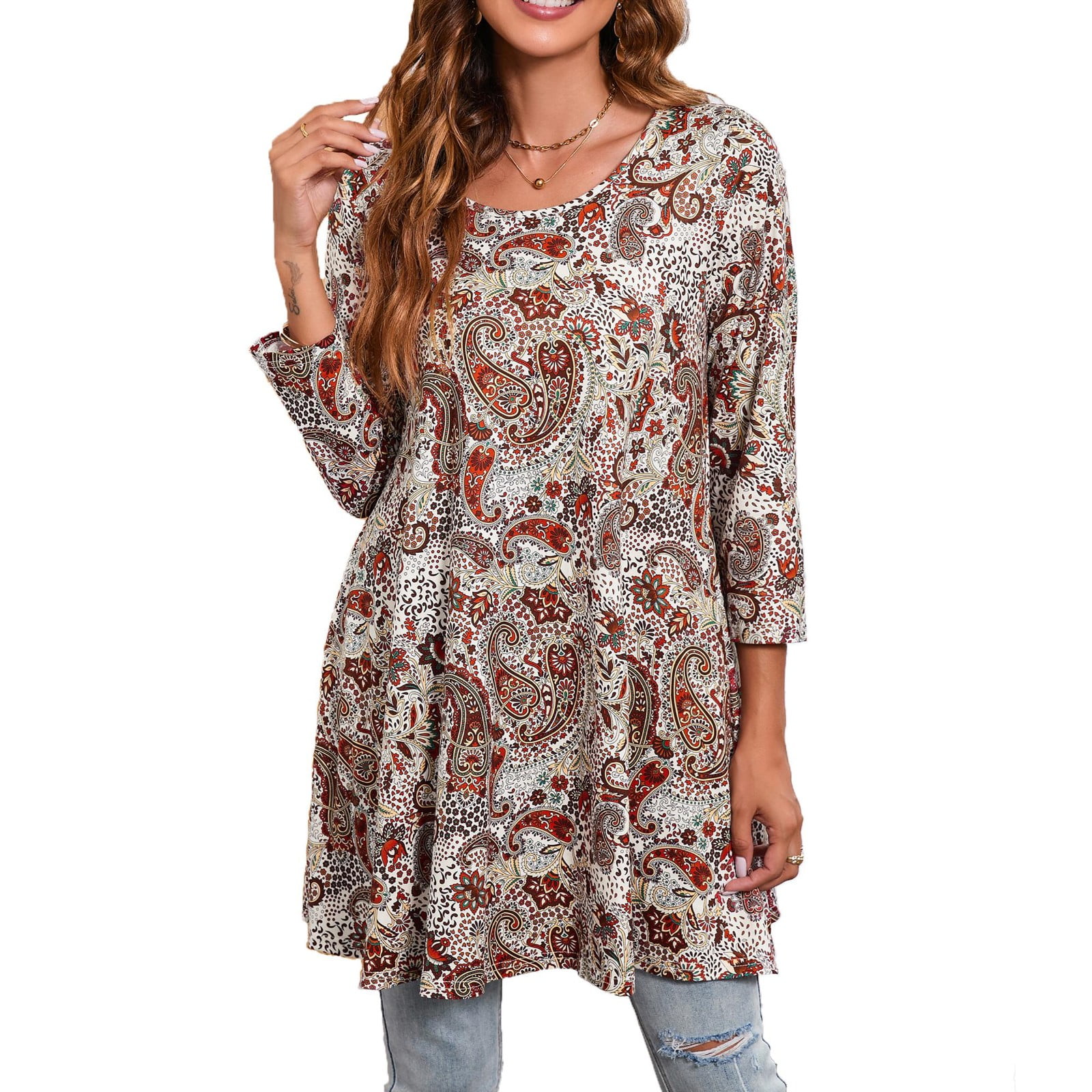 ENMAIN Women's Paisley Tunic Tops Plus Size 3/4 Sleeve Shirts Round ...