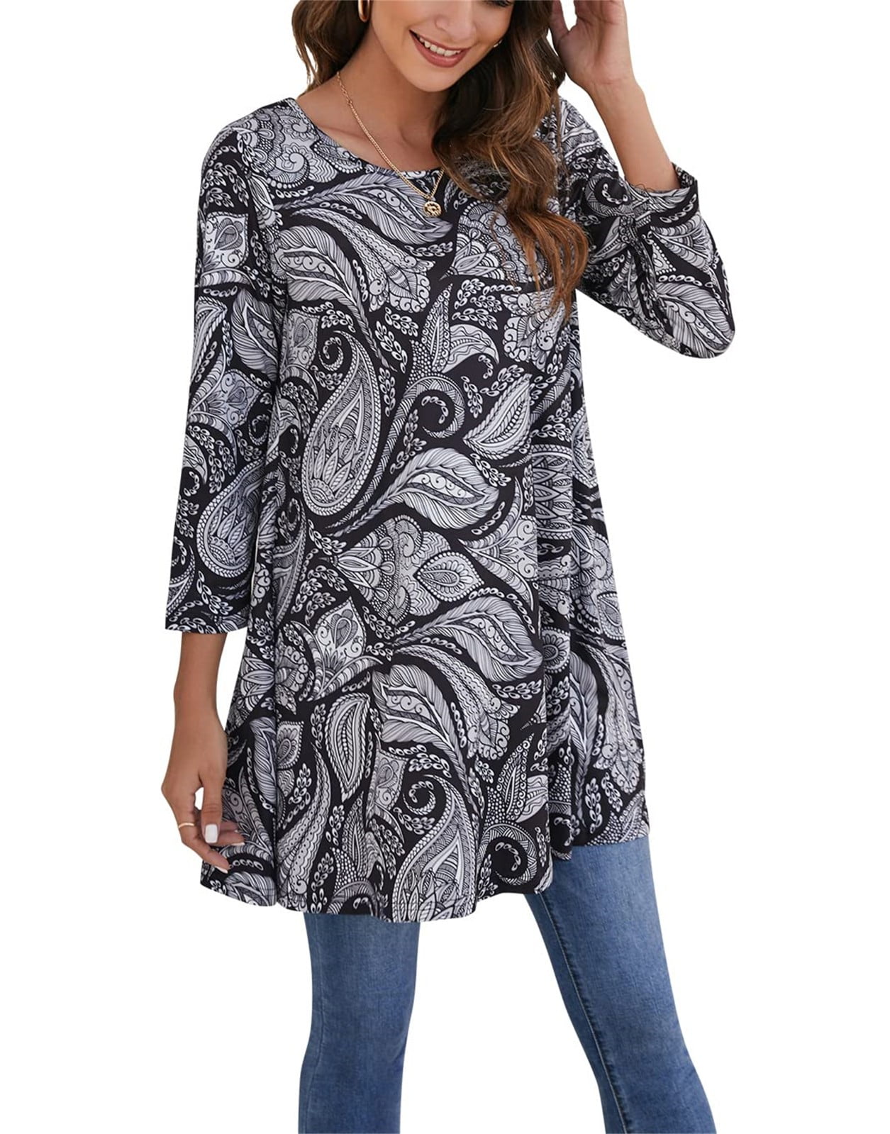 ENMAIN Women Tunic Tops 3/4 Sleeve Dressy Fall Plus Size Tops Swing ...