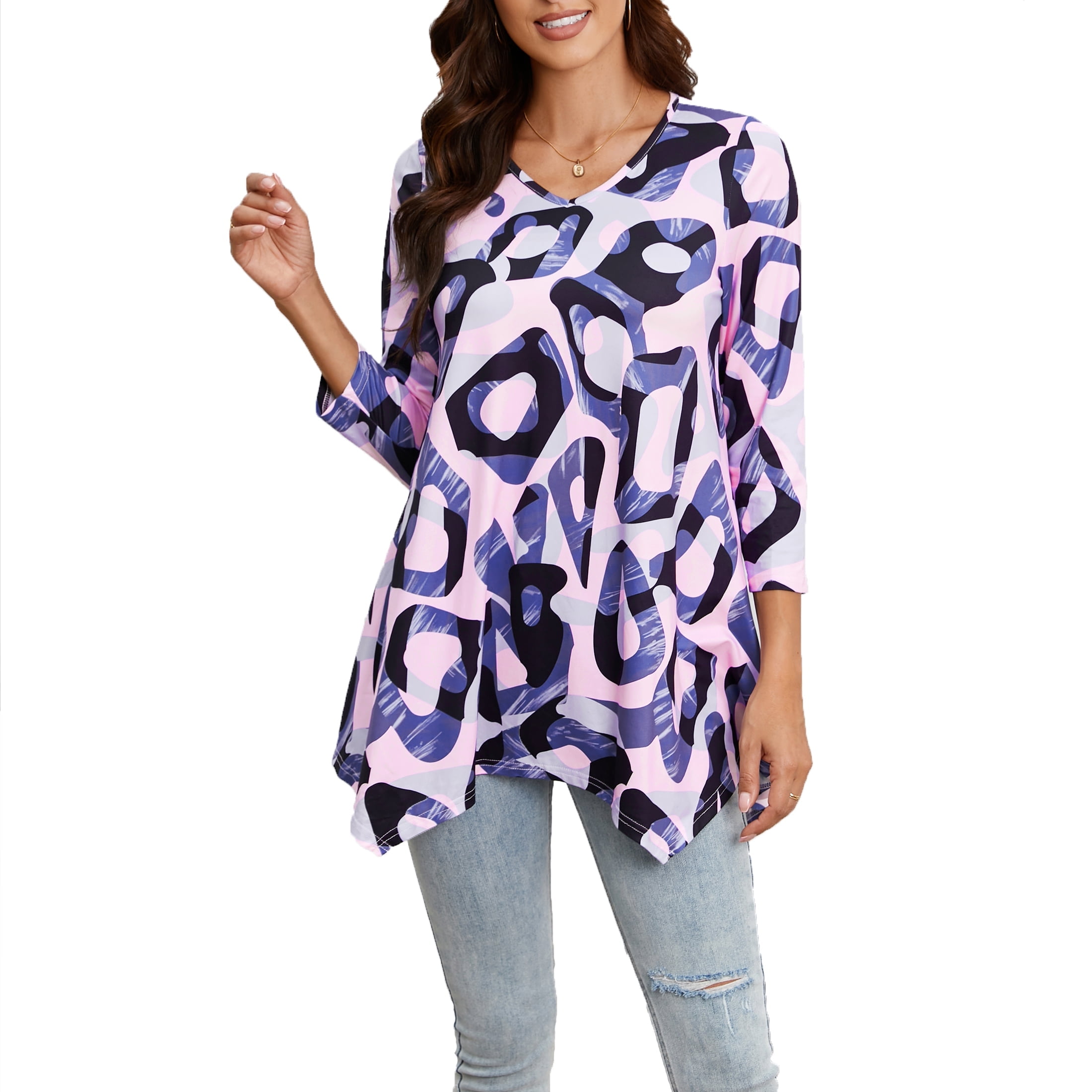 ENMAIN Women's Tunic Tops Plus Size T-Shirts 3/4 Sleeve Casual V Neck ...
