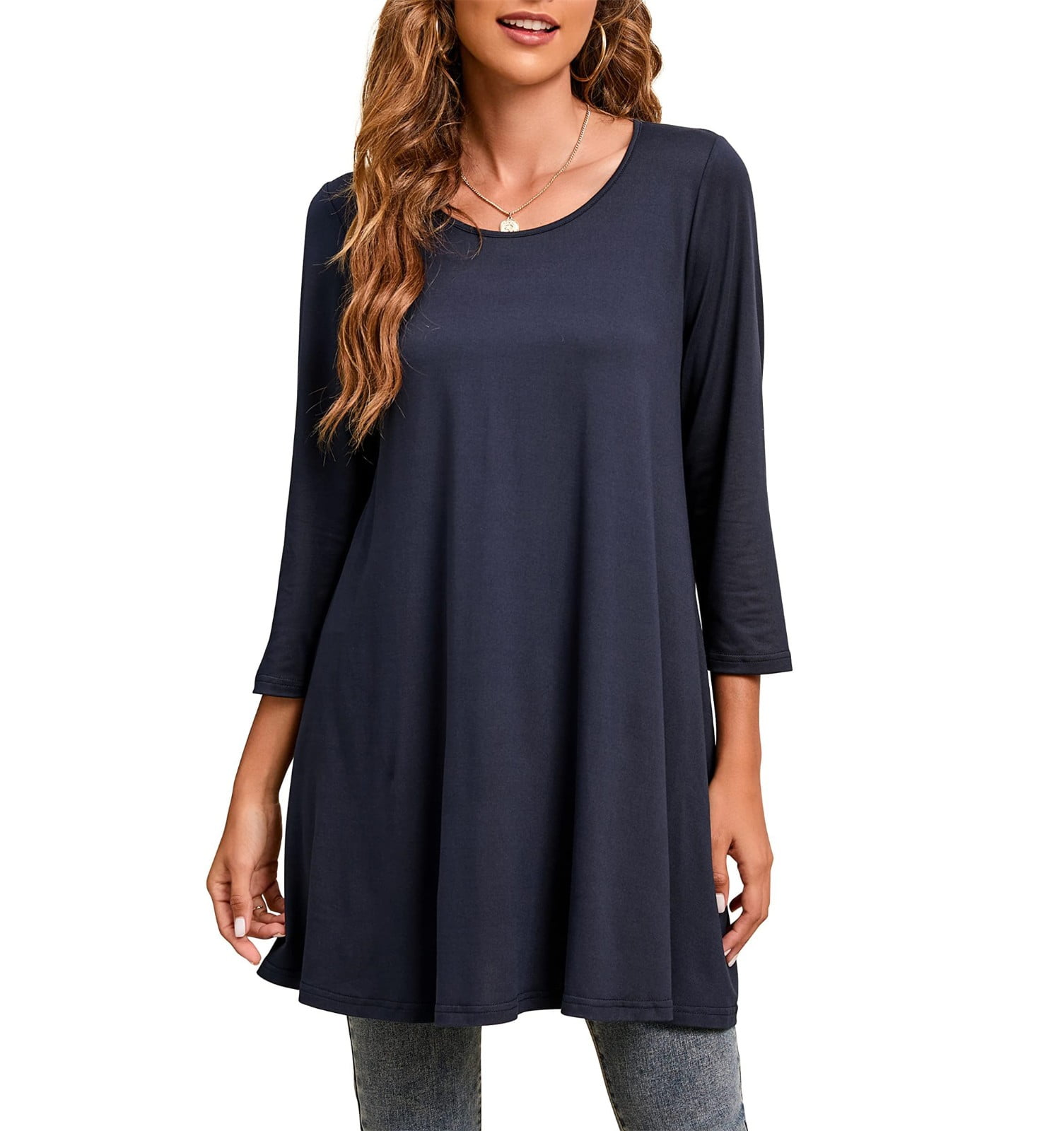 ENMAIN Women's 3/4 Sleeve Tunic Shirts Navy Blue Tunic Casual Blouses ...