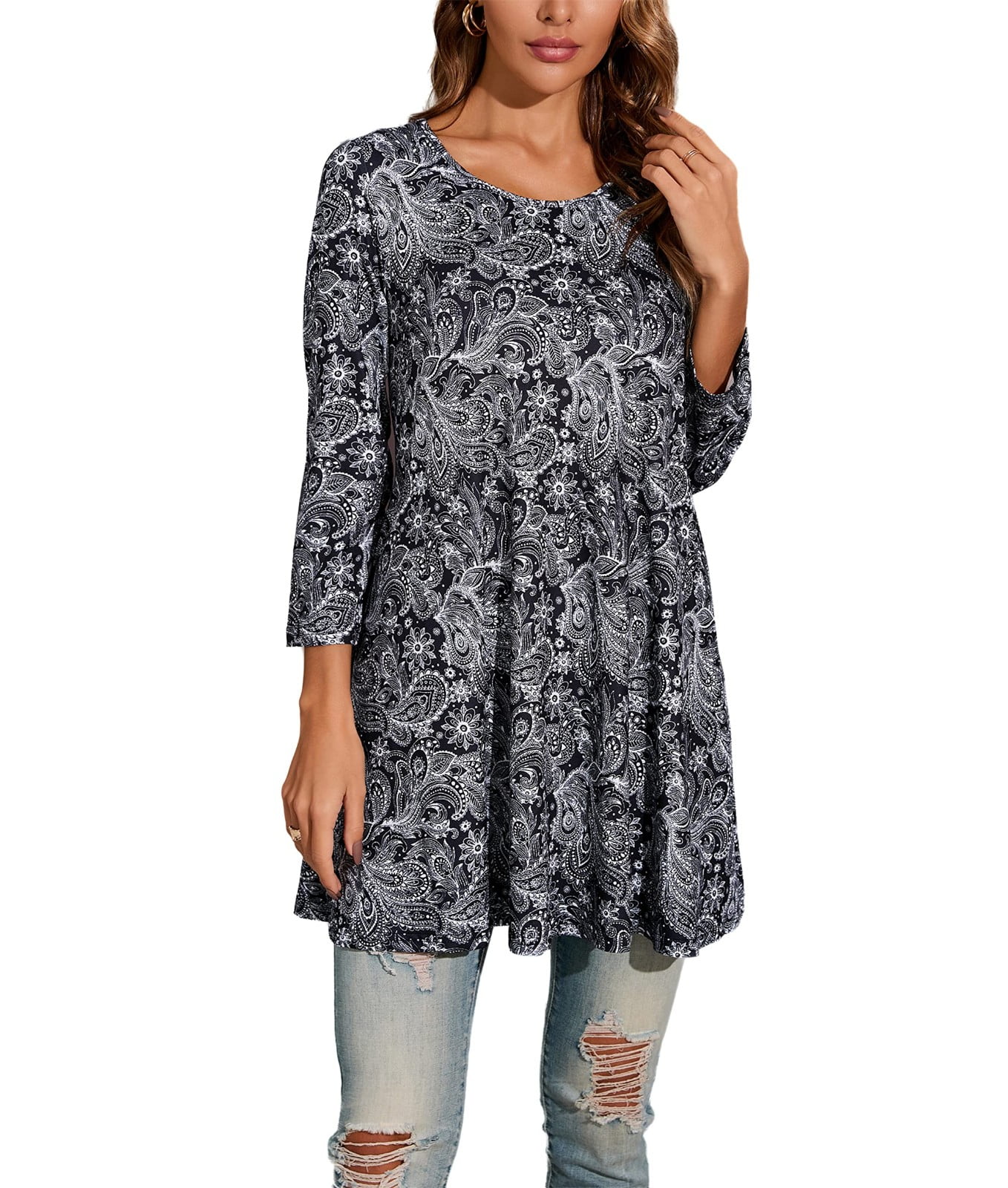 Enmain Womens 3 4 Sleeve Tunic Tops Casual Loose Fit Tops Grey Floral