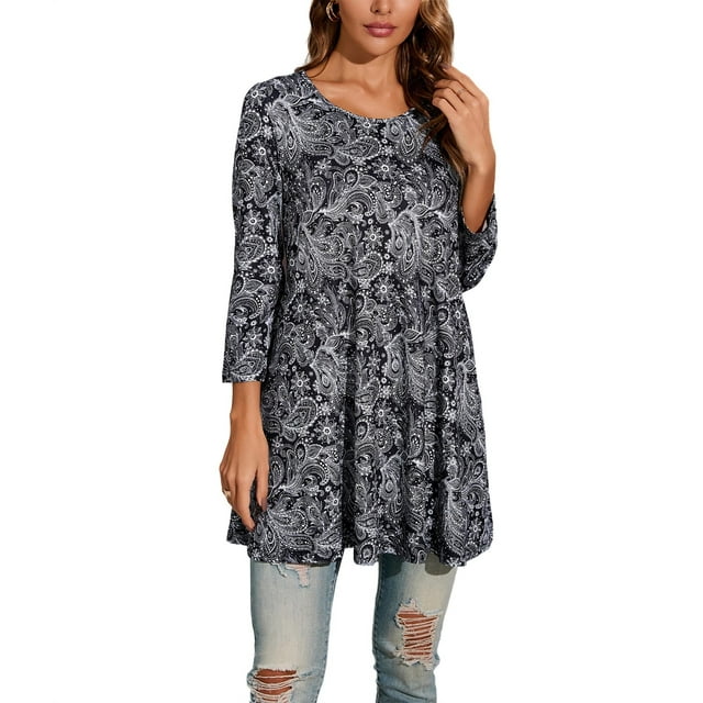 ENMAIN Women's 3/4 Sleeve Tunic Tops Casual Loose Fit Tops Grey Floral ...