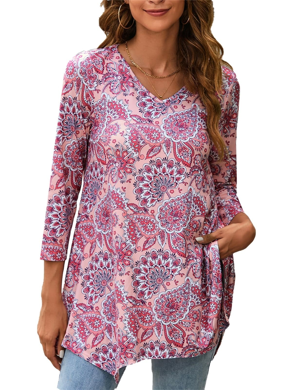 ENMAIN Women's Pink Floral Tunic Tops 3/4 Sleeve Blouses V Neck Shirts ...