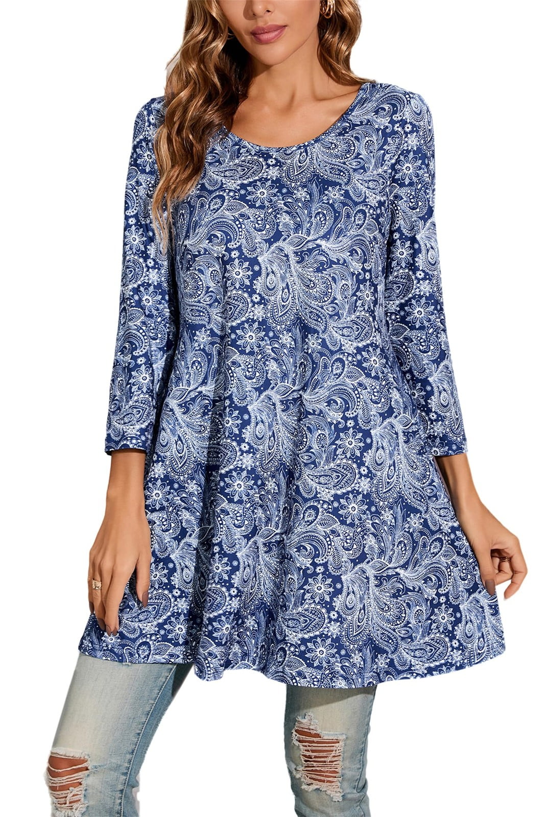 ENMAIN Womens Plus Size 3/4 Sleeve Blouses Casual Crew Neck Dress ...
