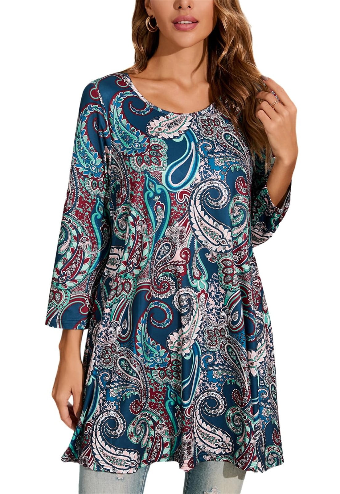 ENMAIN Women's Plus Size Tops 3/4 Sleeve Paisley Tunics Shirts Casual ...